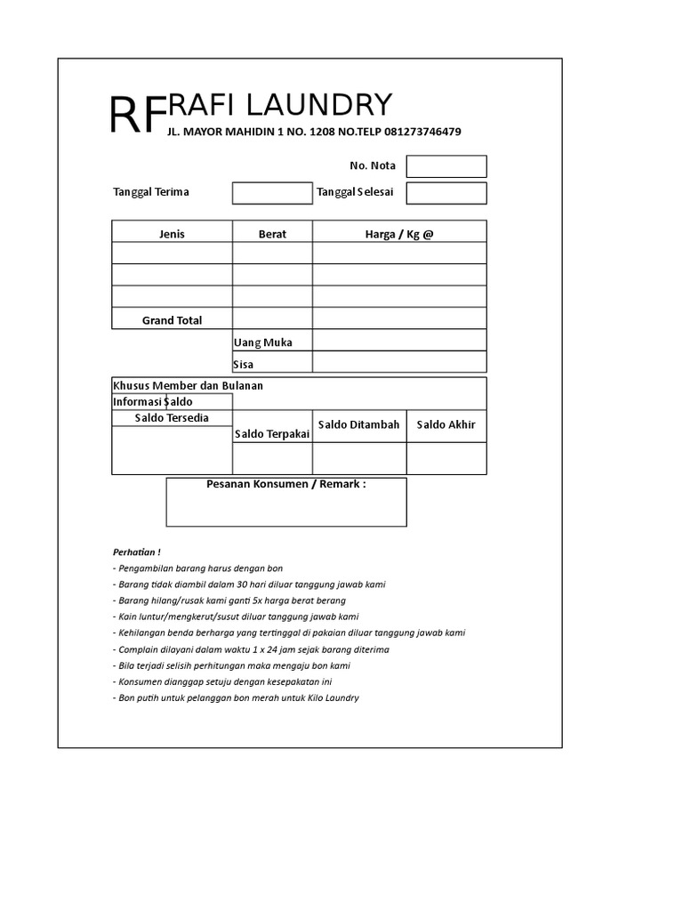 Contoh Nota Laundry Kiloan dan Satuan | PDF