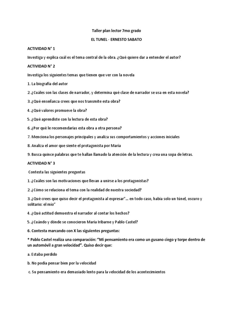 Taller Plan Lector 7mo Grado El Tunel | PDF | Ficción general