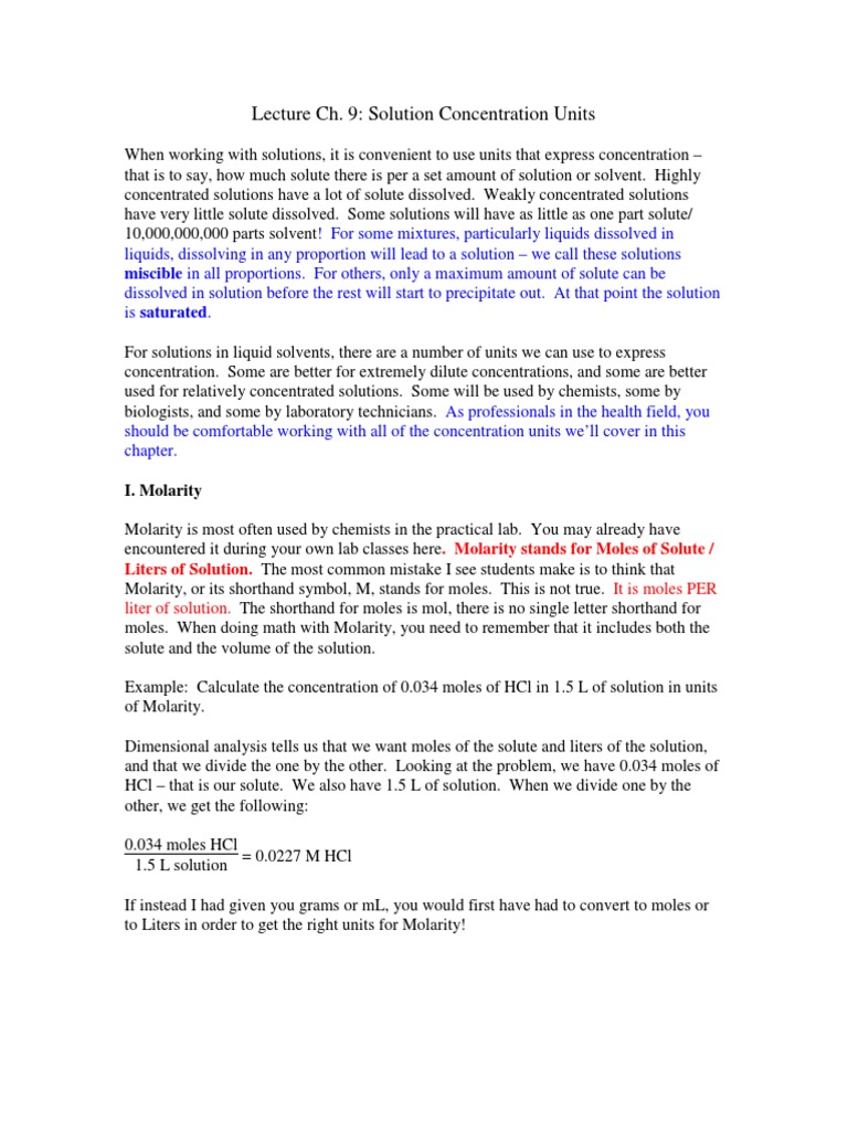 Lecture Ch. 9: Solution Concentration Units | PDF | Mass Concentration (Chemistry) | Solution
