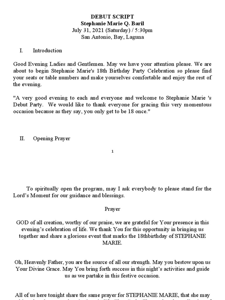 Debut Script Stephanie Marie Q. Baril | PDF | Prayer | Blessing