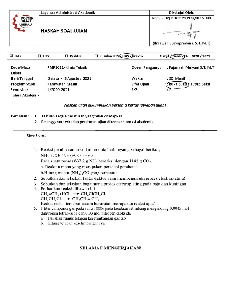 Soal Ujian Uas - Kimtek 2021 | PDF
