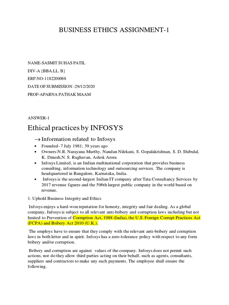 Ethical Practices by INFOSYS: Business Ethics Assignment-1 | PDF | Labour Law | Employment
