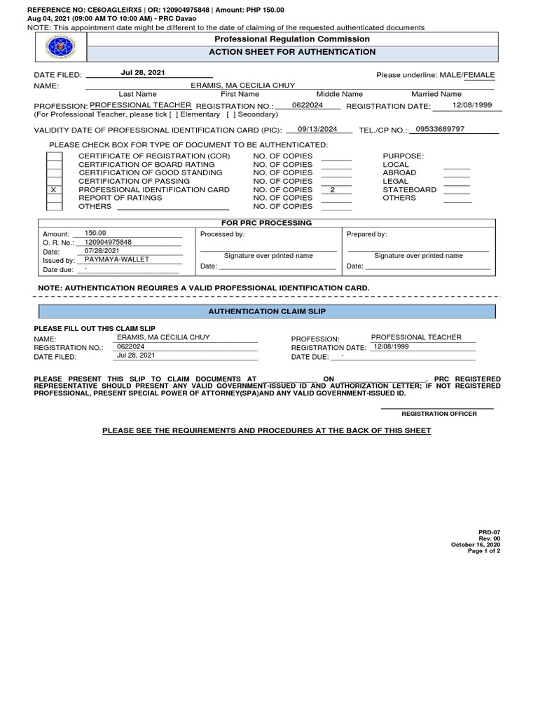 Professional Regulation Commission Action Sheet For Authentication ...