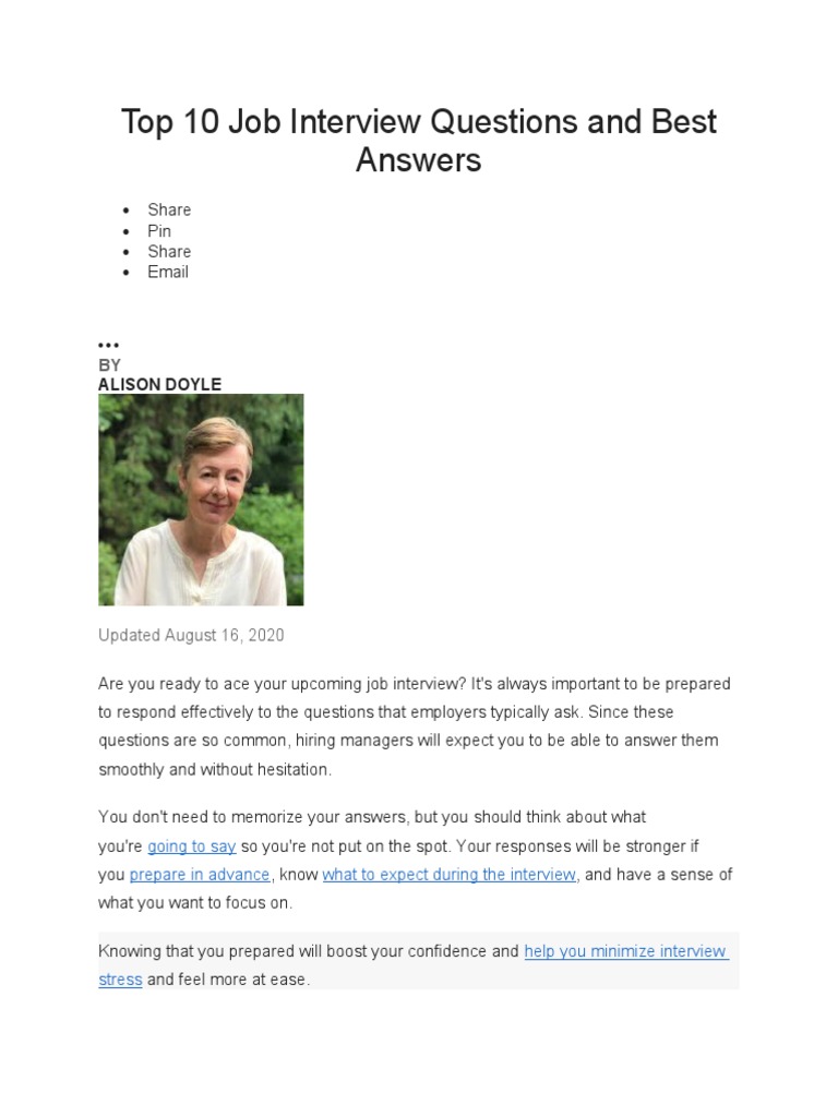 Top 10 Job Interview Questions and Best Answers | PDF | Job Interview ...