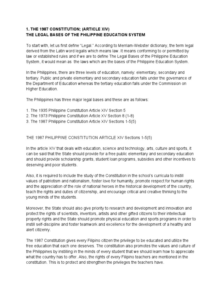 The 1987 Constitution (Article Xiv) The Legal Bases of The Philippine ...