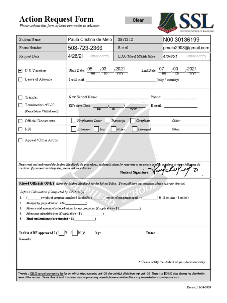 Action Request Form: Paula Cristina de Melo | PDF