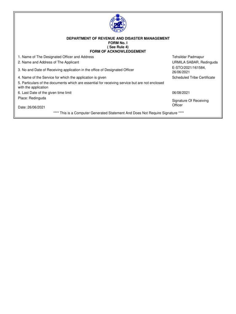 Department of Revenue and Disaster Management Form No. I (See Rule 4 ...