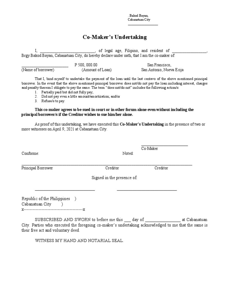 Co-Maker's Undertaking | PDF | Loans | Debtor
