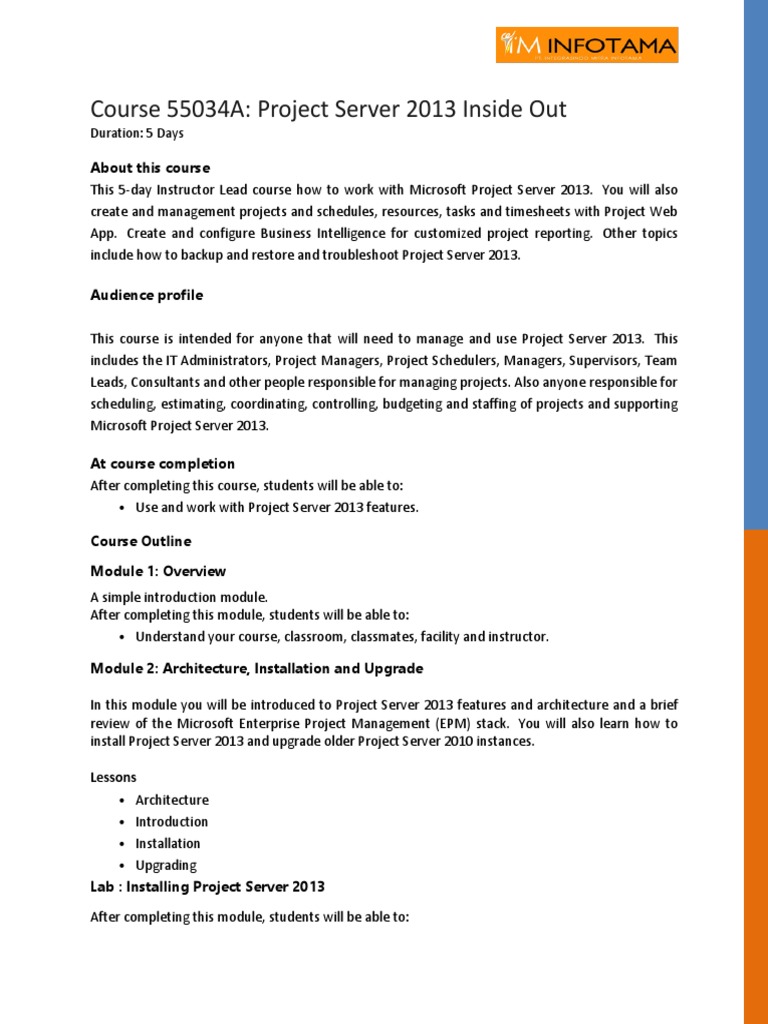 Course 55034A PROJECT SERVER 2013 | PDF | Share Point | World Wide Web