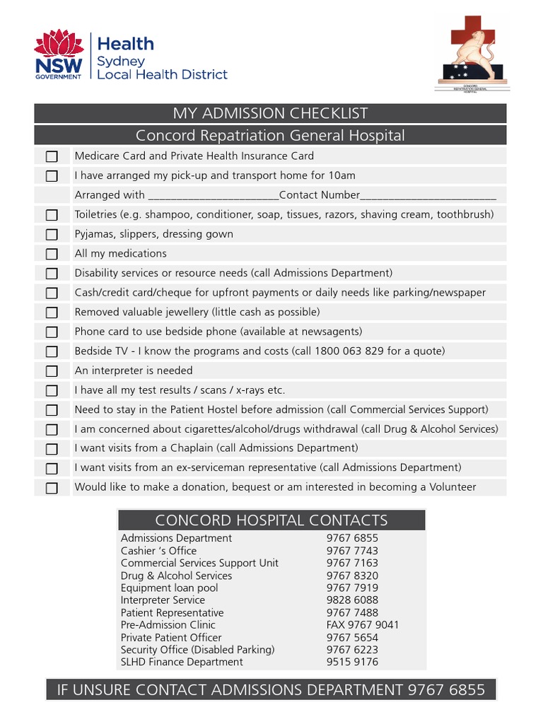 Concord Hospital Admission Checklist | PDF | Finance & Money Management ...