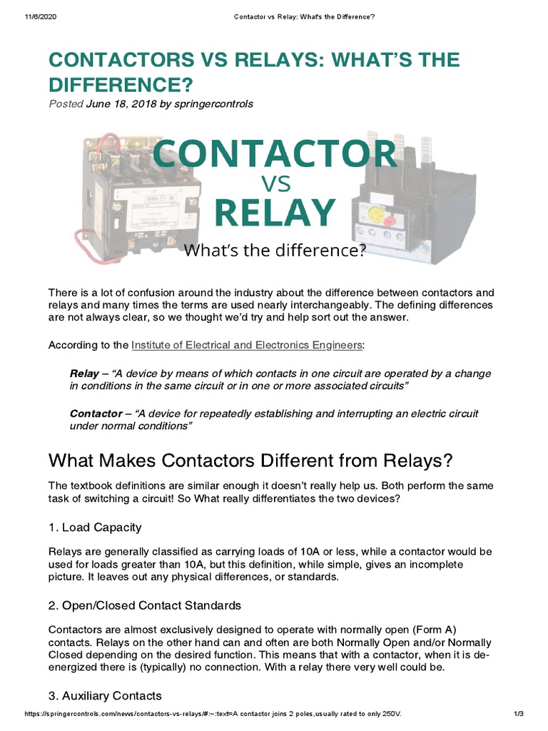 Contactor Vs Relay - What's The Difference | PDF | Relay | Switch
