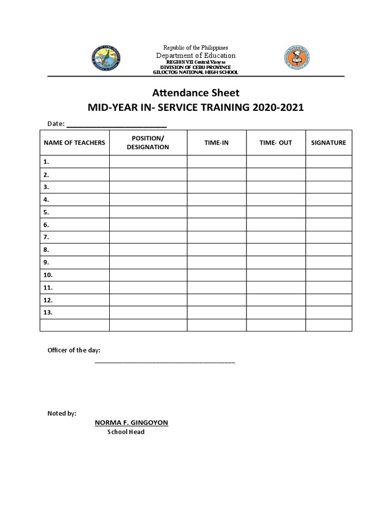 Attendance Sheet Mid-Year In-Service Training 2020-2021 | PDF