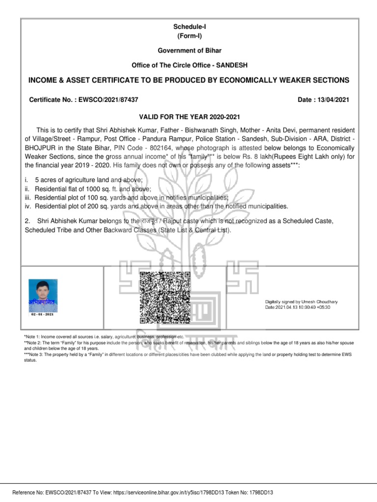 Income & Asset Certificate To Be Produced by Economically Weaker ...