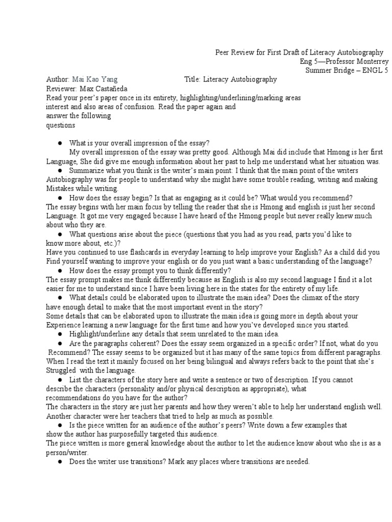 Peers Review of Your Literacy Autobiography Draft | PDF | Essays | Literacy