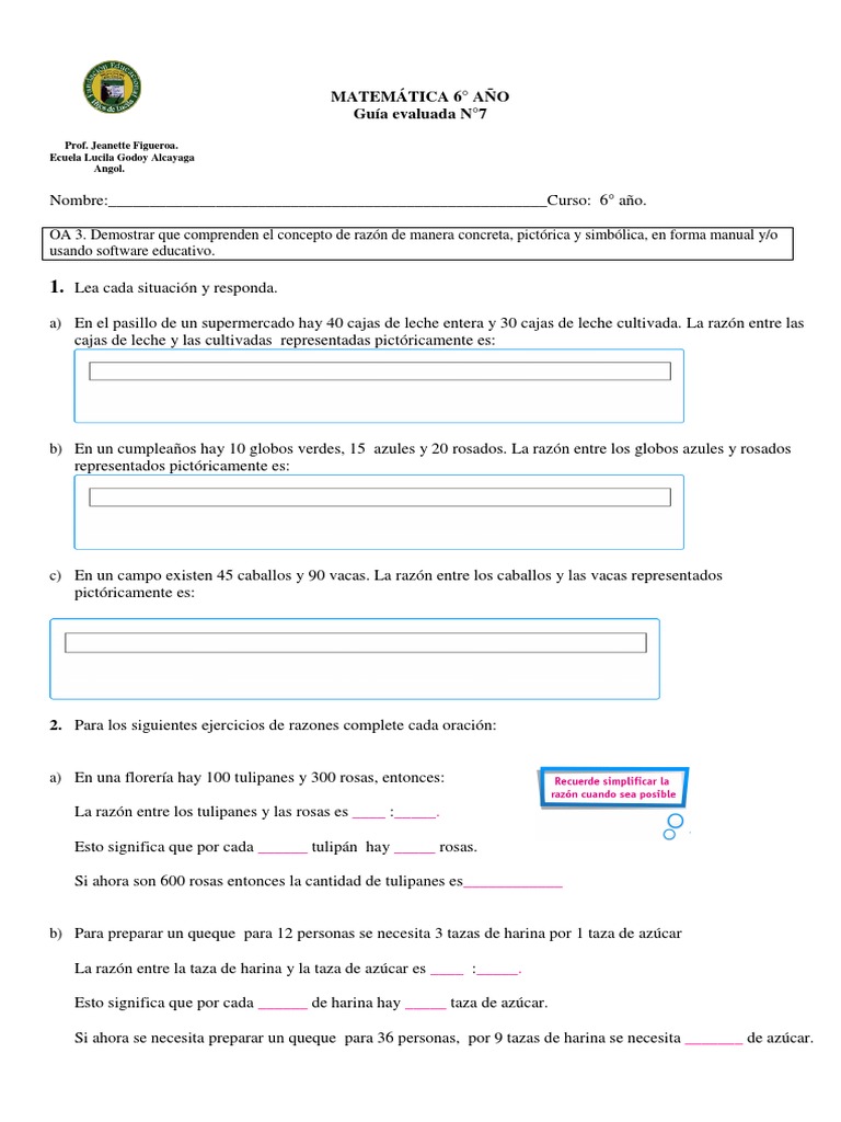 Guía #7 Matemática 6° Año - Razones | PDF