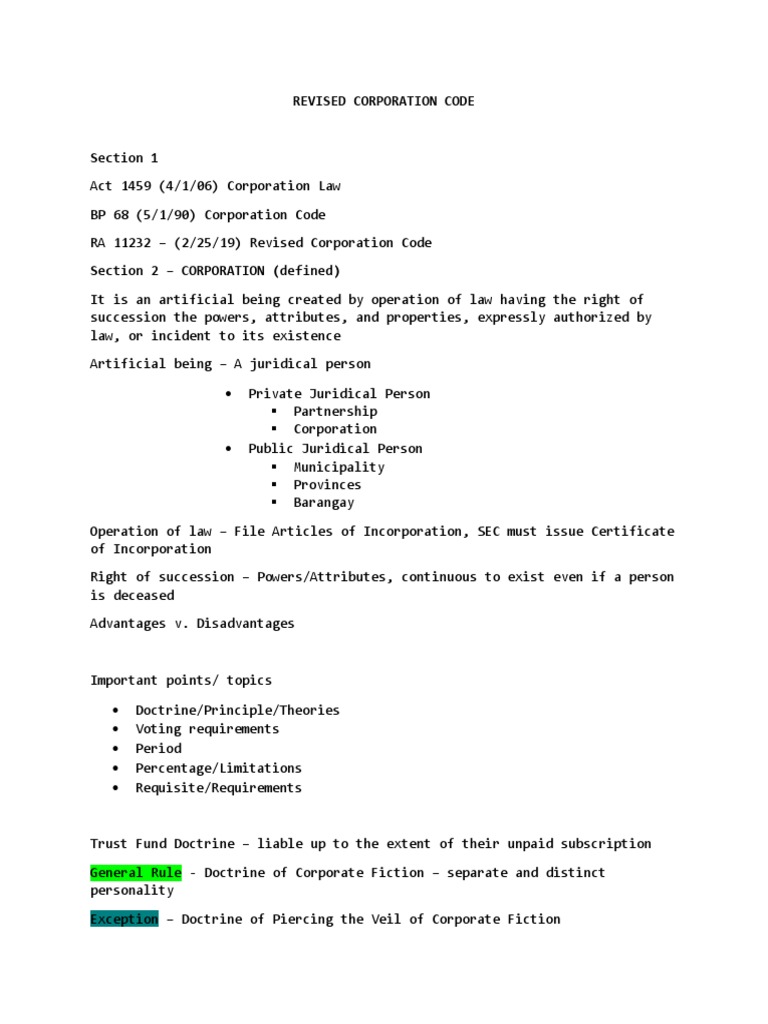 Revised Corporation Code - Lecture and Notes | PDF | Stocks | Corporations