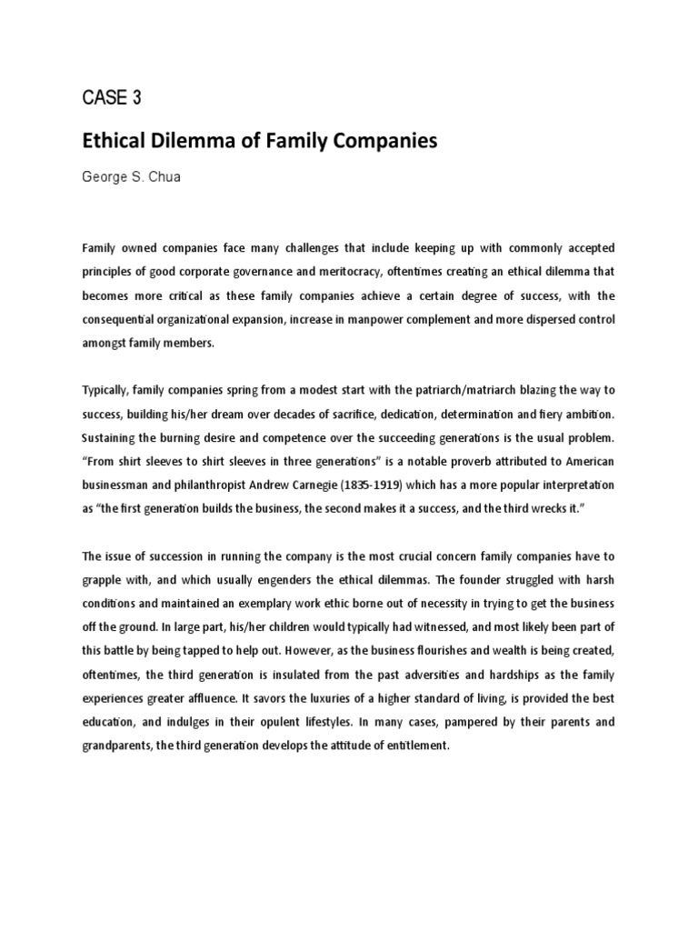 ACT1110 - Business Ethics - Case 3 - Ethical Dilemma For Family ...