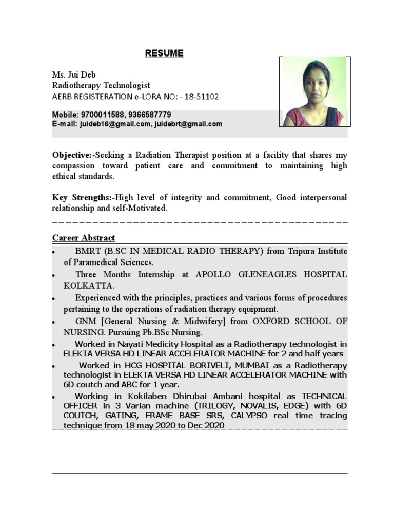 Radiation Therapist Resume Highlighting Experience with Linear ...