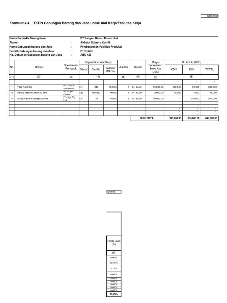 Contoh Form 4.4 Isian TKDN Barang&Jasa - Depperin | PDF