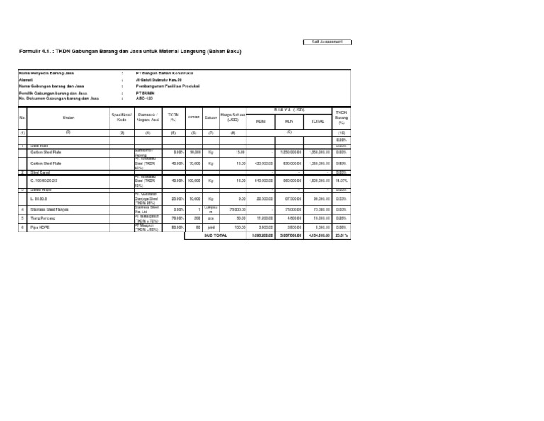 Contoh Form 4.1 Isian TKDN Barang&Jasa - Depperin | PDF