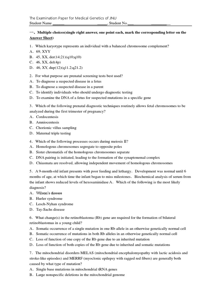 JNU Medical Genetics Exam Questions | PDF | Meiosis | Genetics