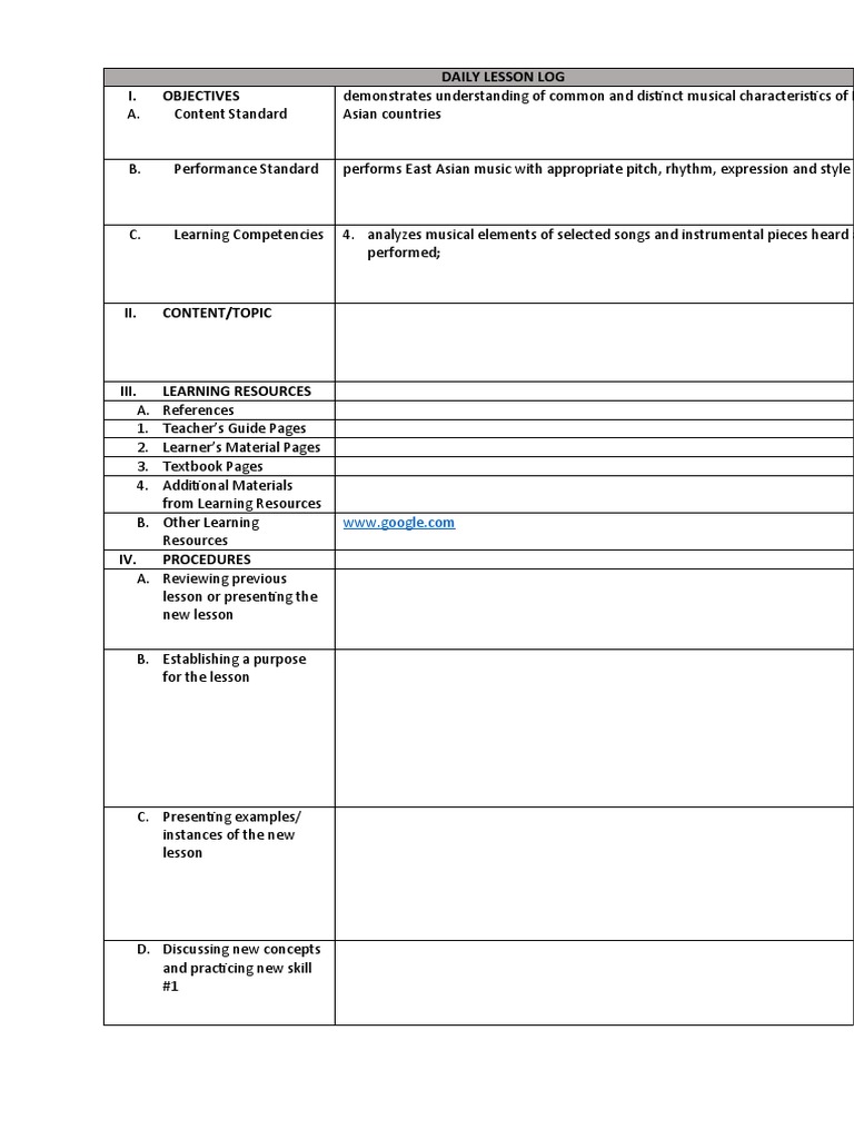 DAILY LESSON LOG-template | PDF | Learning | Teachers
