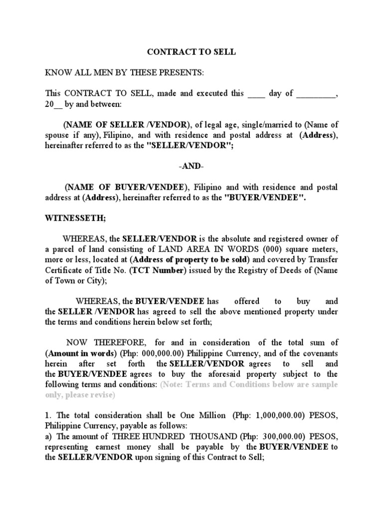Contract To Sell: (Note: Terms and Conditions Below Are Sample Only ...