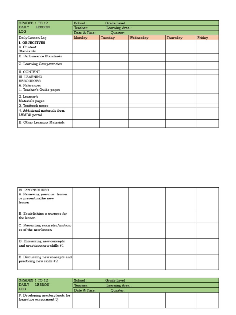 Daily Lesson Log Template for Grades 1-12 | PDF