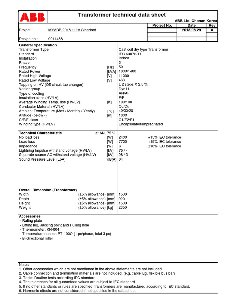 Technical Specifications and Dimensions for an 11kV/433V 1000/1400kVA ...