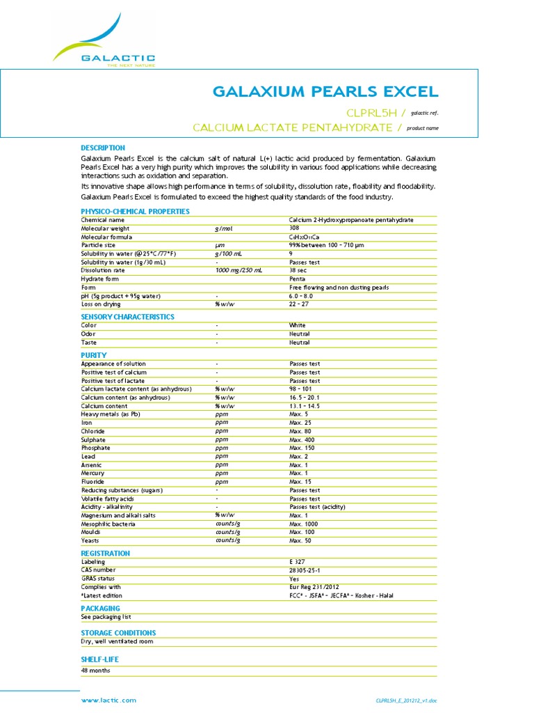 Spec Calcium Lactate - CLPRL5H - E - 201212 - v1 | PDF | Calcium ...