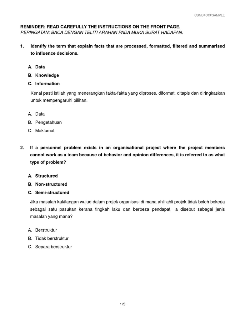 FE MCQ CBMS4303 Samplesoalan Fainal | PDF