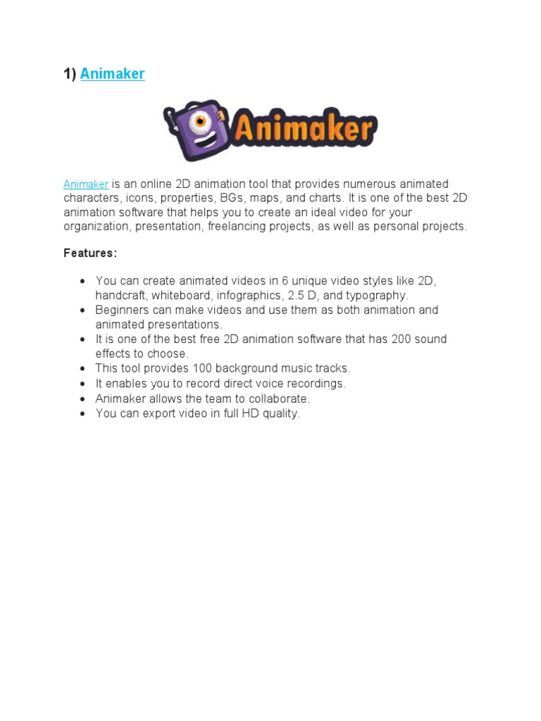 Animaker: Features | PDF | 2 D Computer Graphics | 3 D Computer Graphics