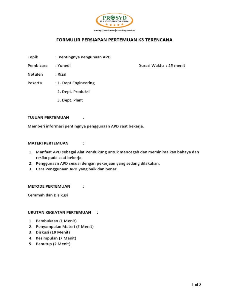 Formulir Persiapan Pertemuan K3 Terencana. | PDF