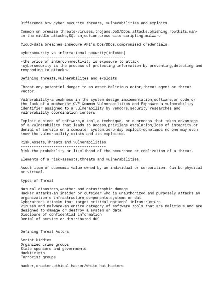 Difference between cyber security threats, vulnerabilities, exploits and risks | PDF | Threat ...