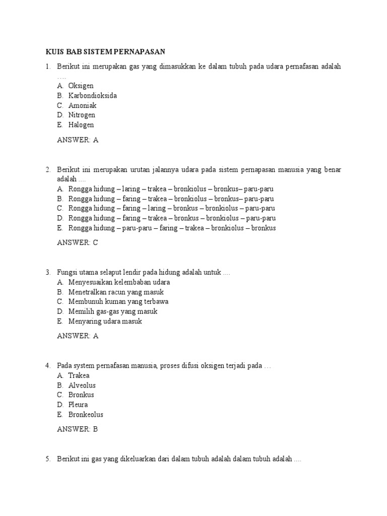 Kuis Bab Sistem Pernapasan | PDF | Kajian Bahasa Asing | Kesehatan Holistik
