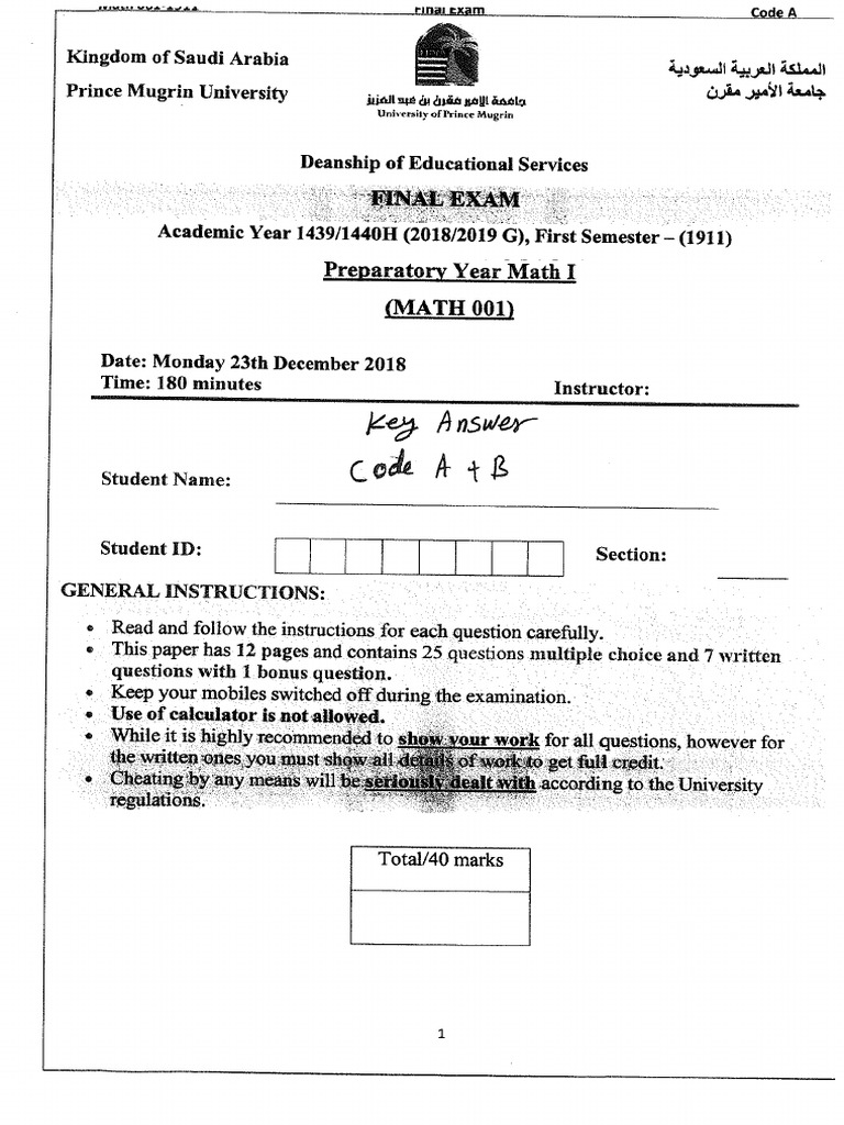 Math 001-Final Exam-Answer Key | PDF