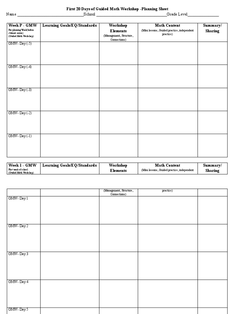 First 20 Days of Guided Math Workshop Planning Sheet | PDF | Teaching ...