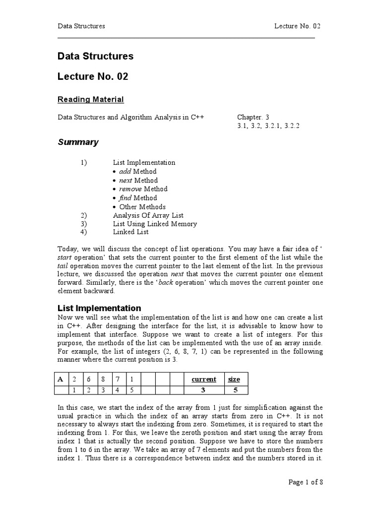 Data Structures Lecture No 02 Reading Material Pdf Array Data Structure Pointer