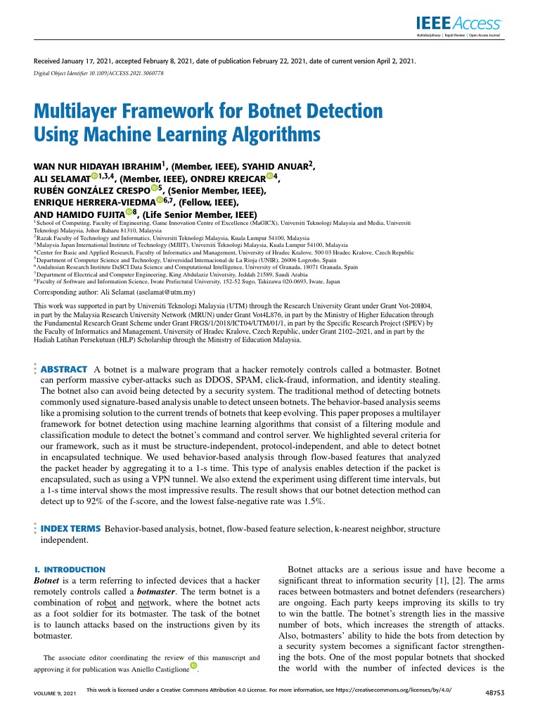 Multilayer Framework For Botnet Detection Using Machine Learning Algorithms Pdf Computing