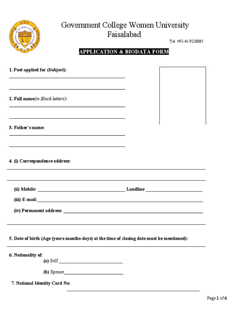 Application and Biodata Form GCWUF | PDF | Academic Degree ...