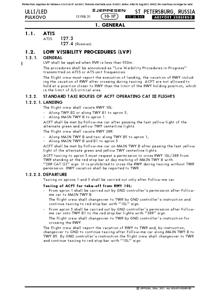 Pulkovo Airport Low Visibility Procedures | PDF | Transponder ...
