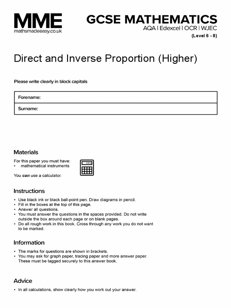 Direct and Inverse Proportion Using Algebra Questions MME | PDF ...