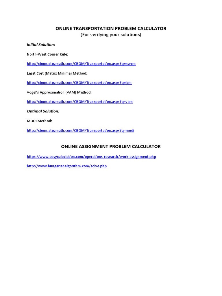 Online Transportation & Assignment Problem Calculator | PDF