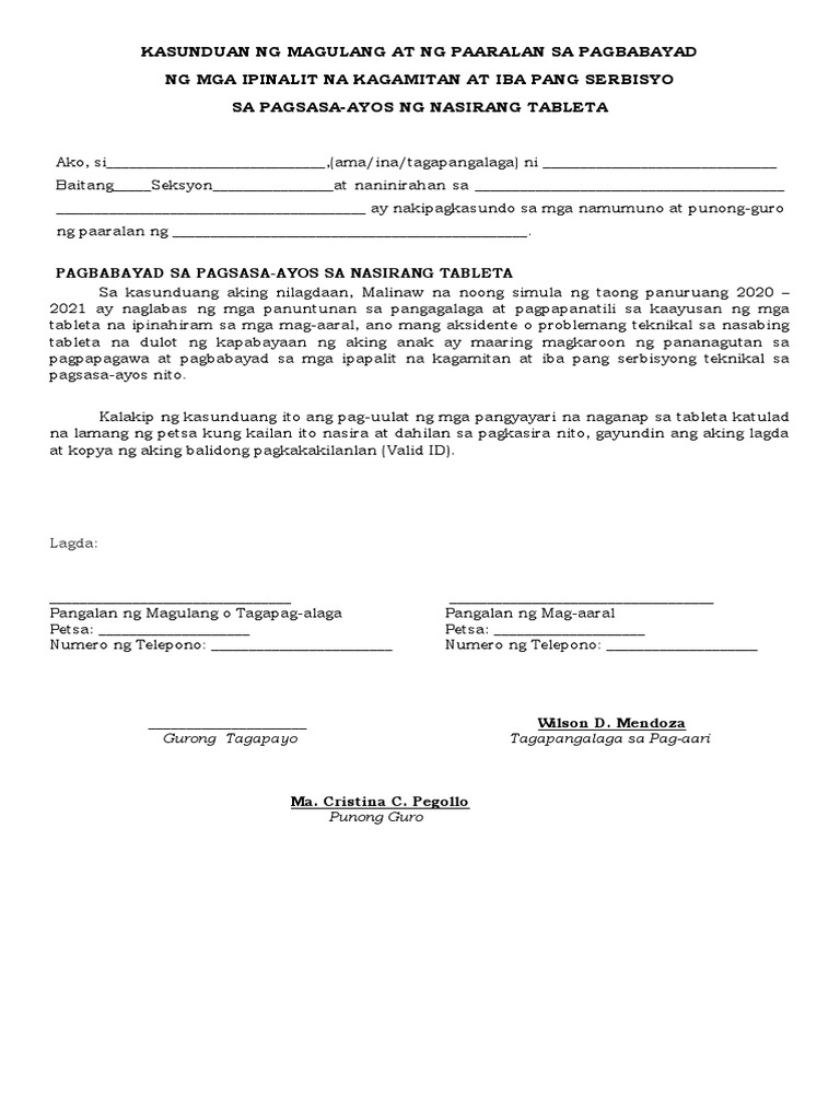 Kasunduan NG Magulang at NG Paaralan Sa Pagbabayad | PDF