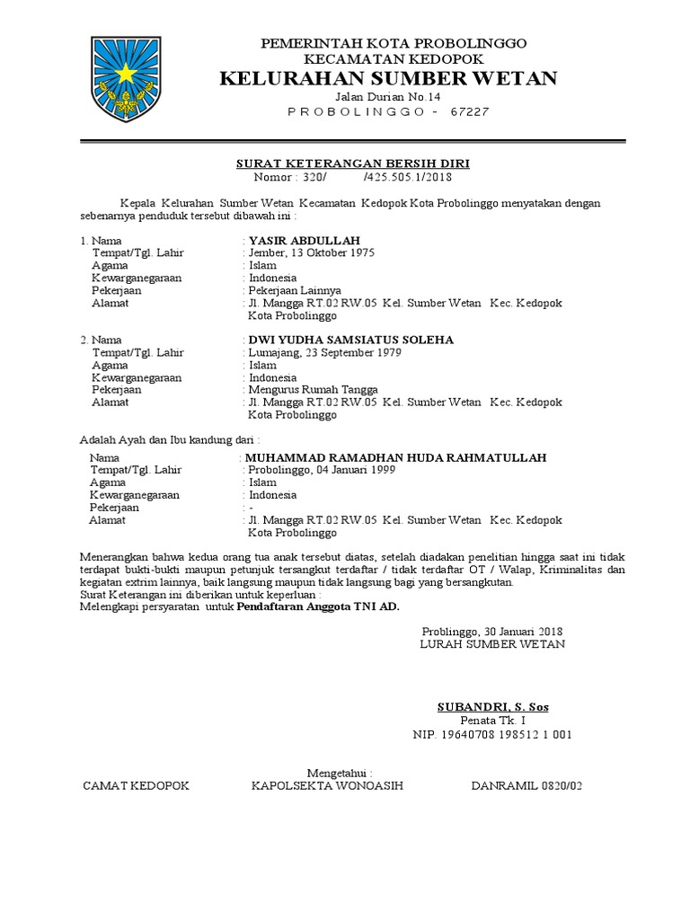 Surat Keterangan Bersih Diri | PDF