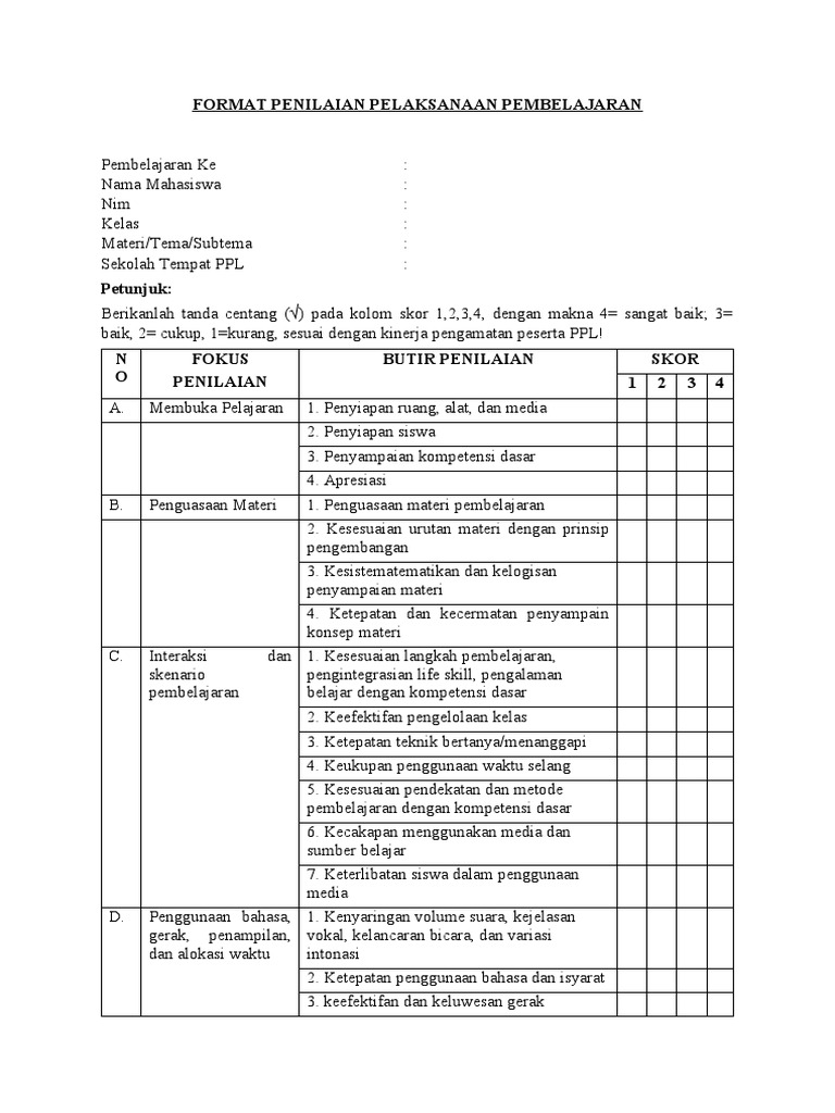 Format Penilaian Pembelajaran PPL | PDF