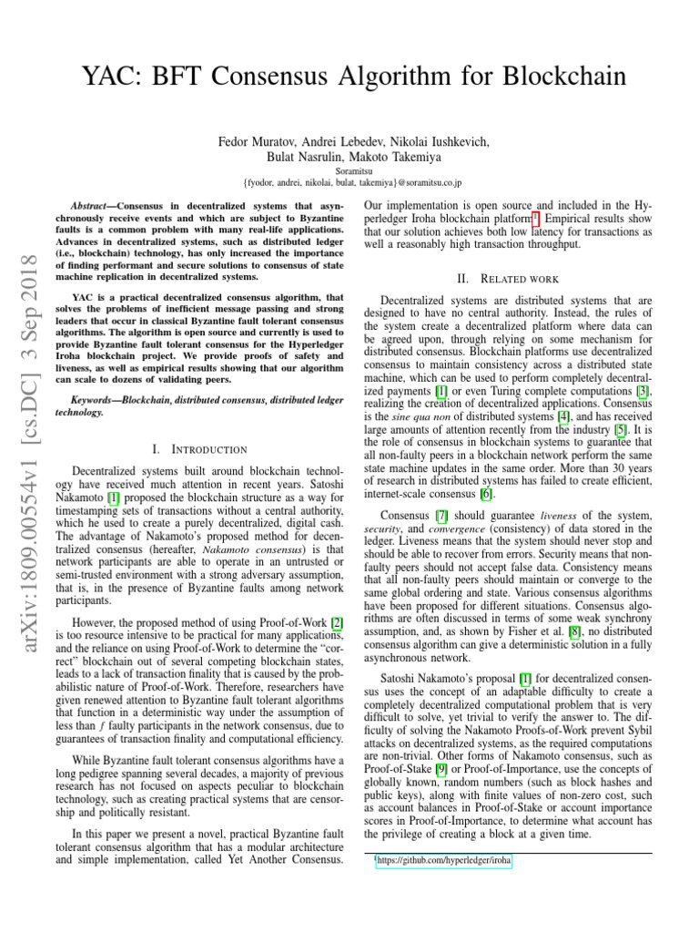 YAC: BFT Consensus Algorithm For Blockchain | PDF | Distributed Computing | Computer Science
