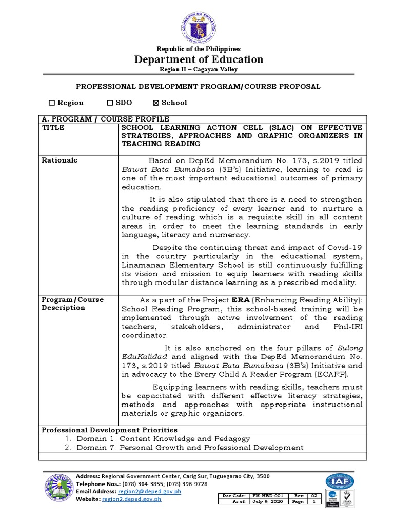 L-AND-D-PROPOSAL-SLAC-ON-READING-2021 Edited - July 14 | PDF | Learning ...