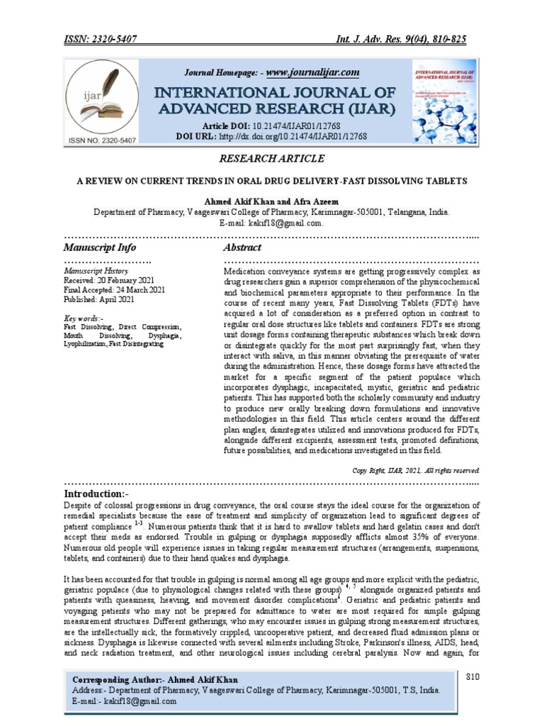 A Review On Current Trends in Oral Drug Delivery-Fast Dissolving ...