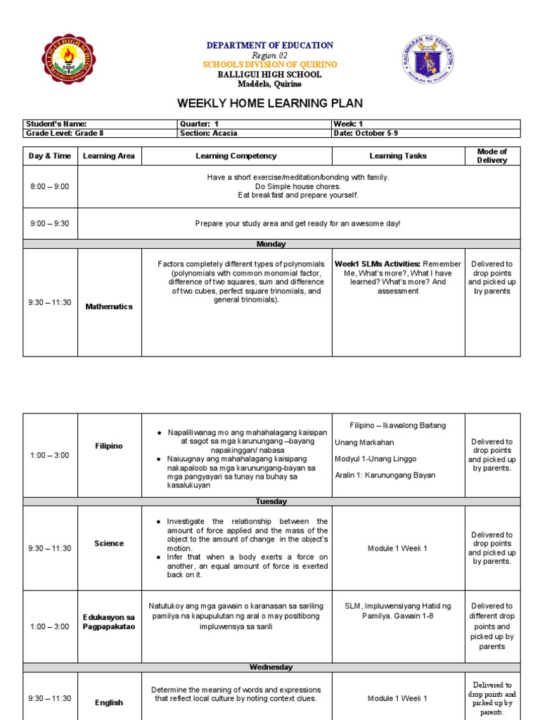 G8 Acacia Weekly Home Learning Plan | PDF | Behavior Modification | Learning